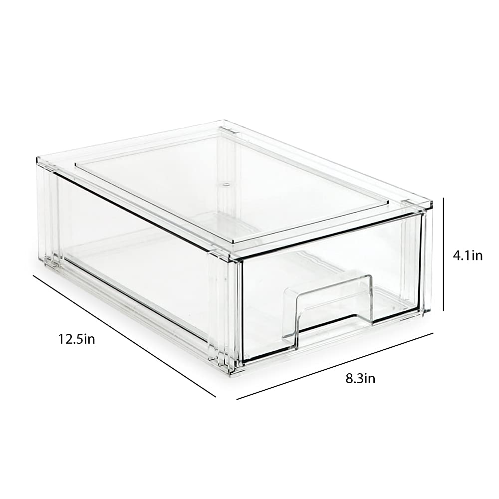 Isaac Jacobs Medium Stackable Organizer Drawer (12.5β x 8.3β x 4.1β), Clear Plastic Storage Box, Pull-Out Bin, Home, Office, Closet & Shoe Organization, BPA-Free, Food / Fridge / Freezer Safe (Medium)