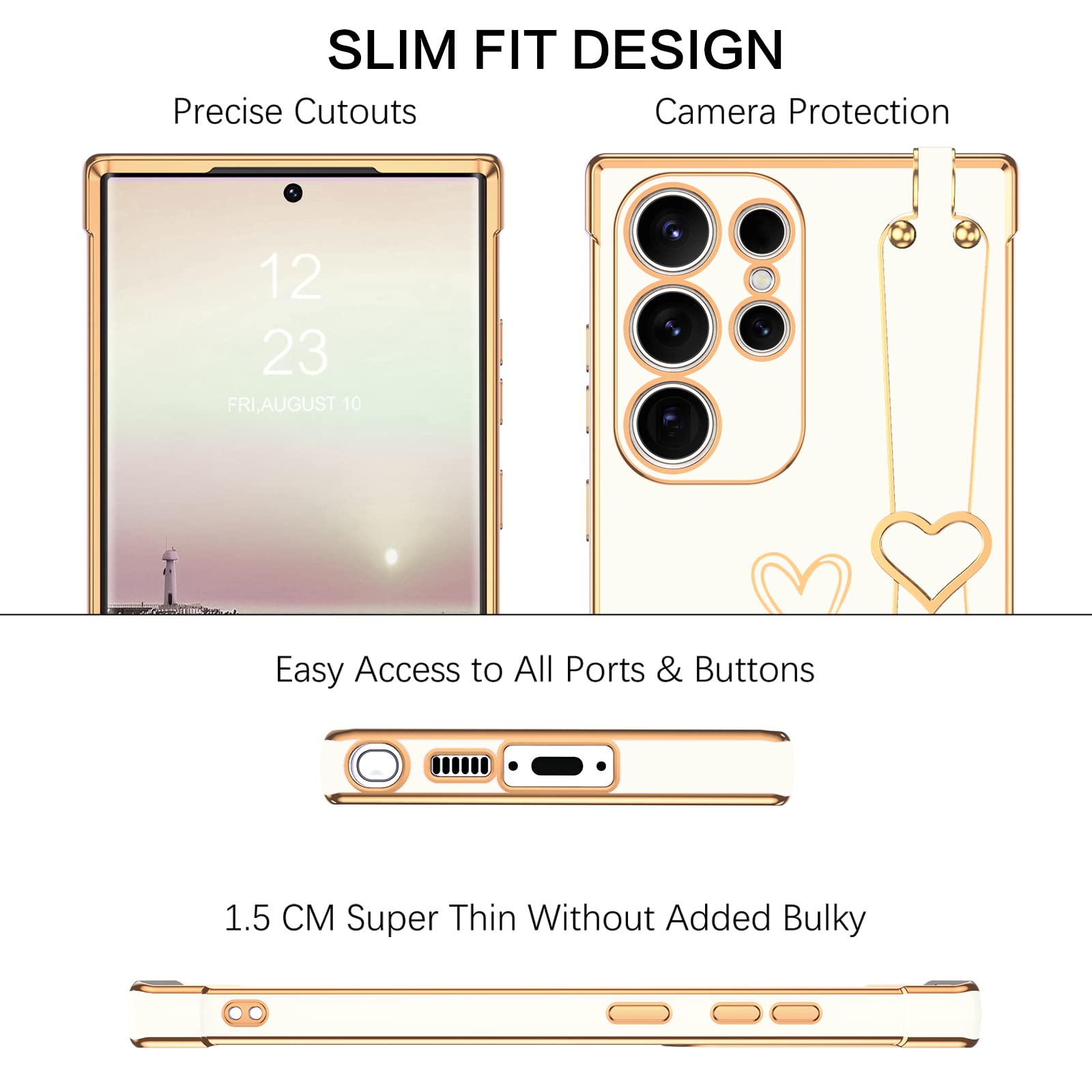 BENTOBEN for Galaxy S23 Ultra Case with Adjustable Wristband Kickstand Loop, Cute Heart Luxury Plating Bumper, Raised Corner Shockproof Women Girls Phone Cover for Samsung Galaxy S23 Ultra 6.8", White