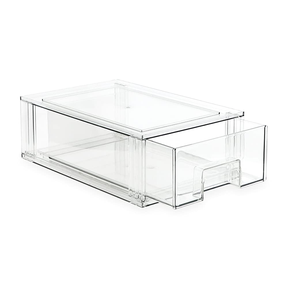 Isaac Jacobs Medium Stackable Organizer Drawer (12.5β x 8.3β x 4.1β), Clear Plastic Storage Box, Pull-Out Bin, Home, Office, Closet & Shoe Organization, BPA-Free, Food / Fridge / Freezer Safe (Medium)