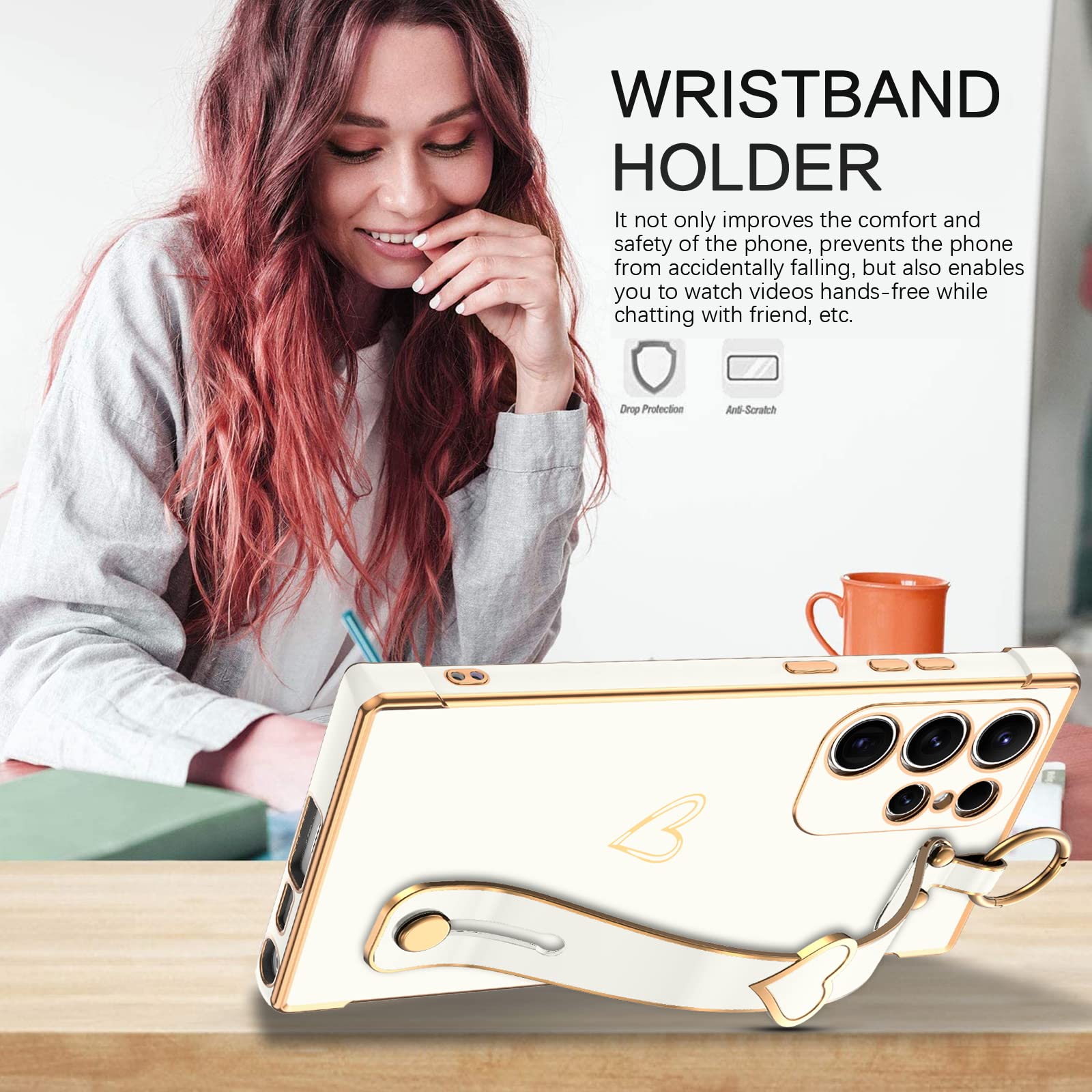 BENTOBEN for Galaxy S23 Ultra Case with Adjustable Wristband Kickstand Loop, Cute Heart Luxury Plating Bumper, Raised Corner Shockproof Women Girls Phone Cover for Samsung Galaxy S23 Ultra 6.8", White