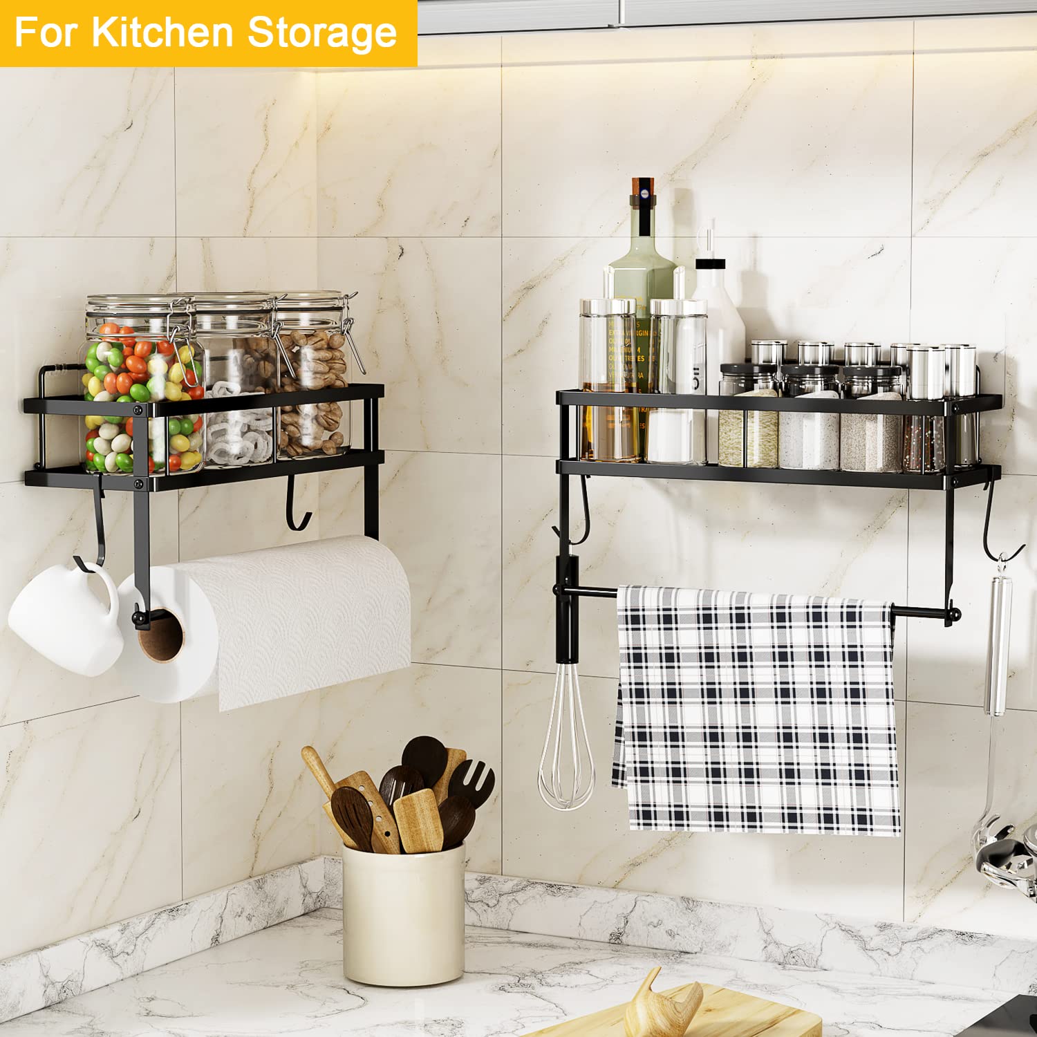 ESOW Paper Towel Holder with Shelf Storage, Adhesive Wall Mount 2-in-1 Basket Organizer for Kitchen & Bathroom, Durable Metal Wire Design, Stainless Steel 304 Matte Black Finish