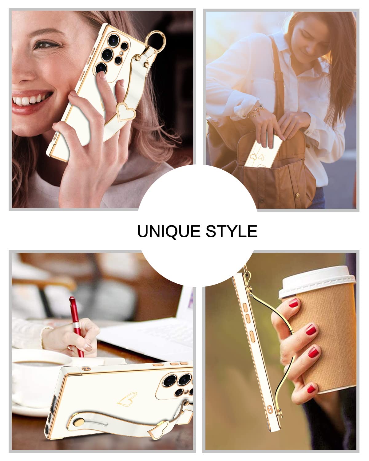 BENTOBEN for Galaxy S23 Ultra Case with Adjustable Wristband Kickstand Loop, Cute Heart Luxury Plating Bumper, Raised Corner Shockproof Women Girls Phone Cover for Samsung Galaxy S23 Ultra 6.8", White