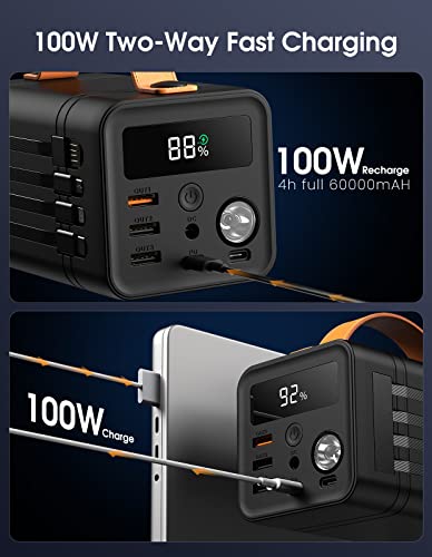 Laptop Power Bank 60000mAh/222Wh,100w usb c Charger Fast Charging ,External Battery Power Banks with Built in Cable, Compatible with iPhone 14/13 Series, Samsung, MacBook, surface,HP,Dell, and More