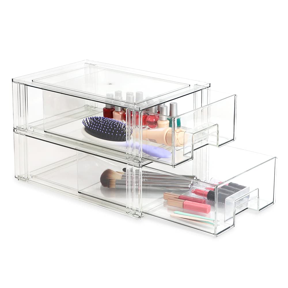 Isaac Jacobs Medium Stackable Organizer Drawer (12.5β x 8.3β x 4.1β), Clear Plastic Storage Box, Pull-Out Bin, Home, Office, Closet & Shoe Organization, BPA-Free, Food / Fridge / Freezer Safe (Medium)