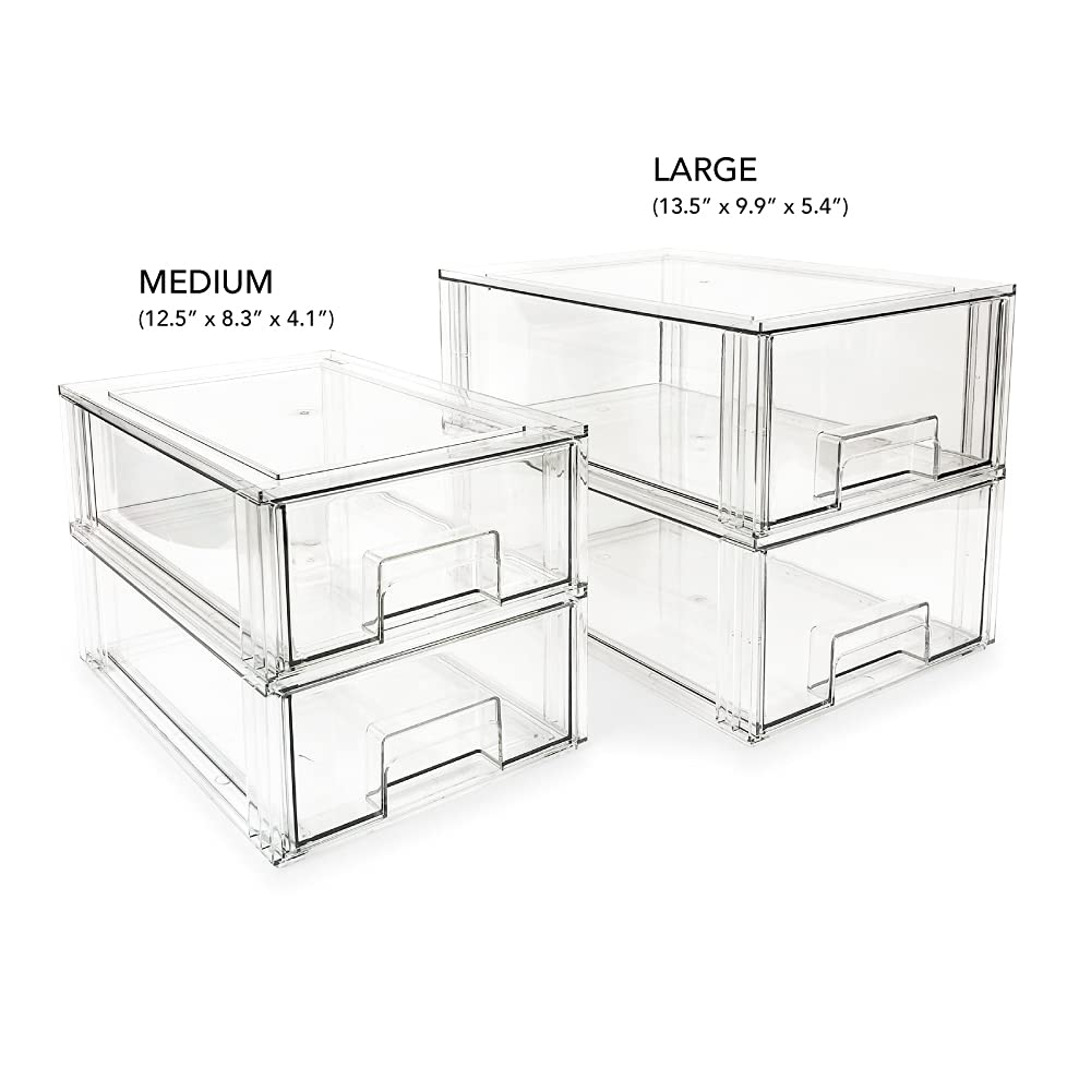 Isaac Jacobs Medium Stackable Organizer Drawer (12.5β x 8.3β x 4.1β), Clear Plastic Storage Box, Pull-Out Bin, Home, Office, Closet & Shoe Organization, BPA-Free, Food / Fridge / Freezer Safe (Medium)