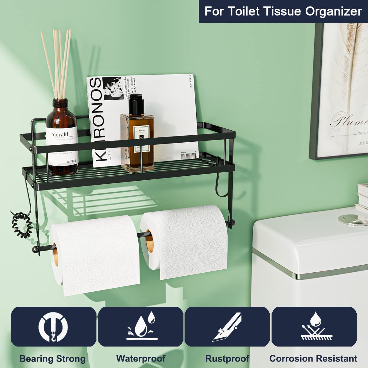 ESOW Paper Towel Holder with Shelf Storage, Adhesive Wall Mount 2-in-1 Basket Organizer for Kitchen & Bathroom, Durable Metal Wire Design, Stainless Steel 304 Matte Black Finish