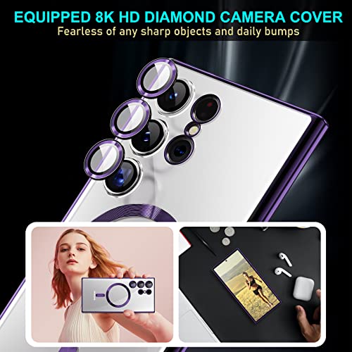 sheheme for Samsung Galaxy S22 Ultra Case,with Full Camera Lens Protector,Compatible with MagSafe,Clear Magnetic Case for S22 Ultra,Plating Anti-Scratch Slim Thin Case Cover for Men Women,Purple