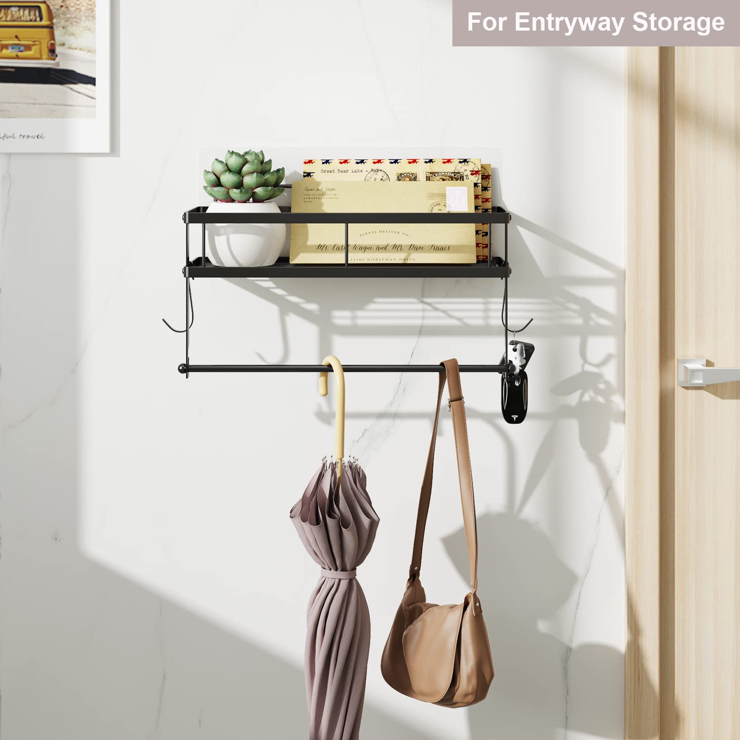 ESOW Paper Towel Holder with Shelf Storage, Adhesive Wall Mount 2-in-1 Basket Organizer for Kitchen & Bathroom, Durable Metal Wire Design, Stainless Steel 304 Matte Black Finish