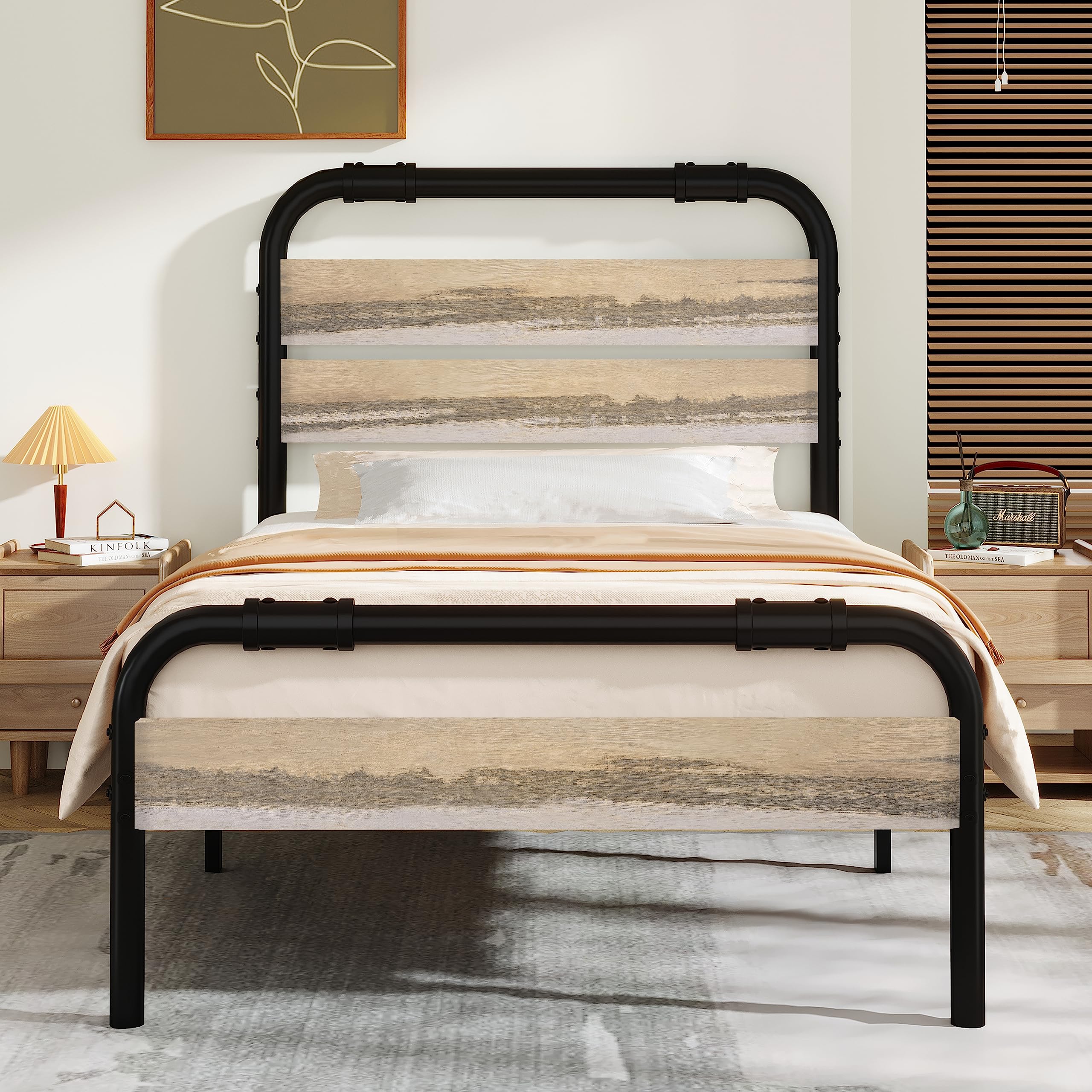 Sementa Twin XL-Bed-Frame with Wood-Headboard - Heavy Duty Platform Bed with Solid Slats Support, No Box Spring Needed,Easy Assembly,Grey Oak