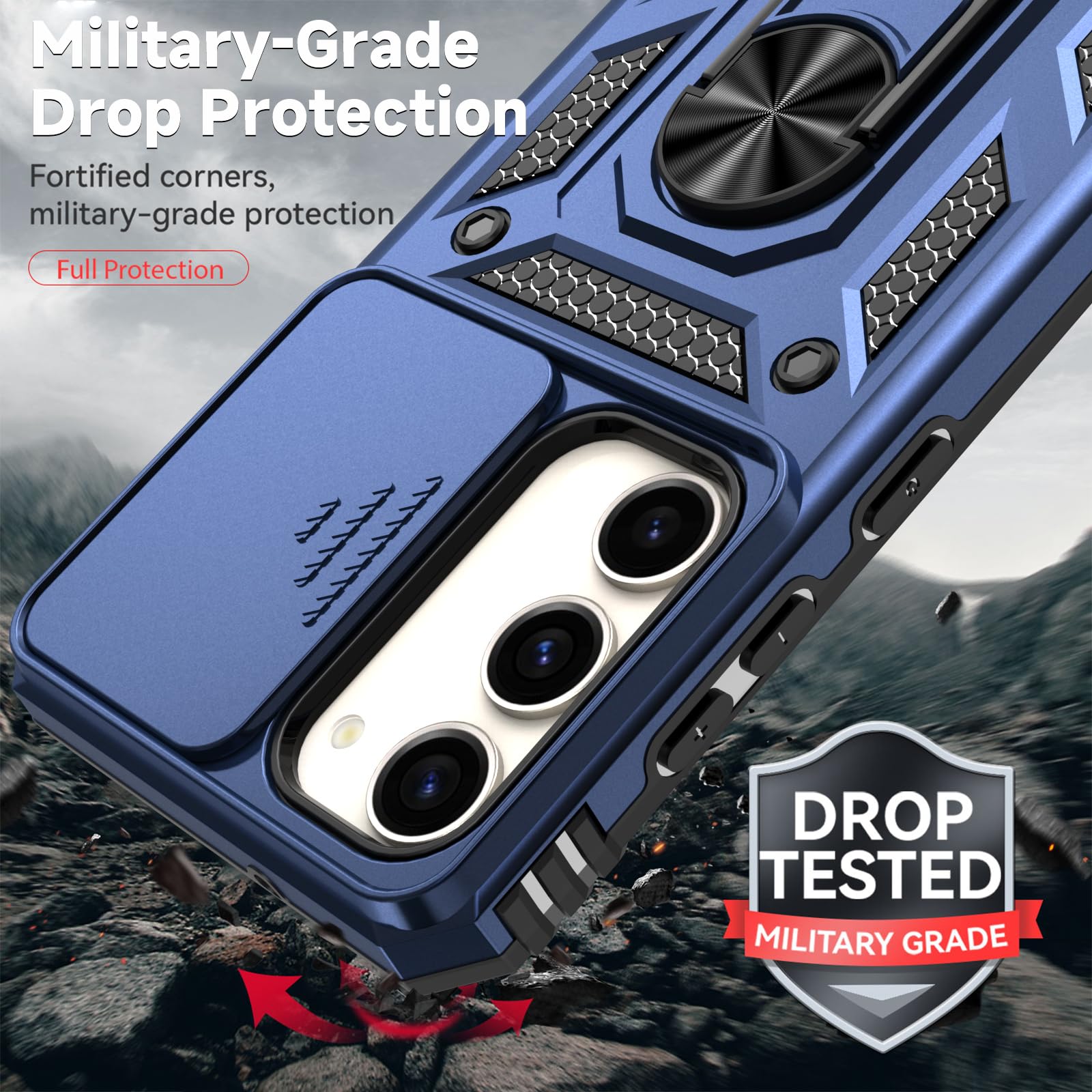 for Galaxy S23 Case,with Screen Protectors and Camera Cover,[Military Grade] 16ft.Drop Tested Cover with Magnetic Kickstand Protective Case for Samsung Galaxy S23 6.1 inch, Blue