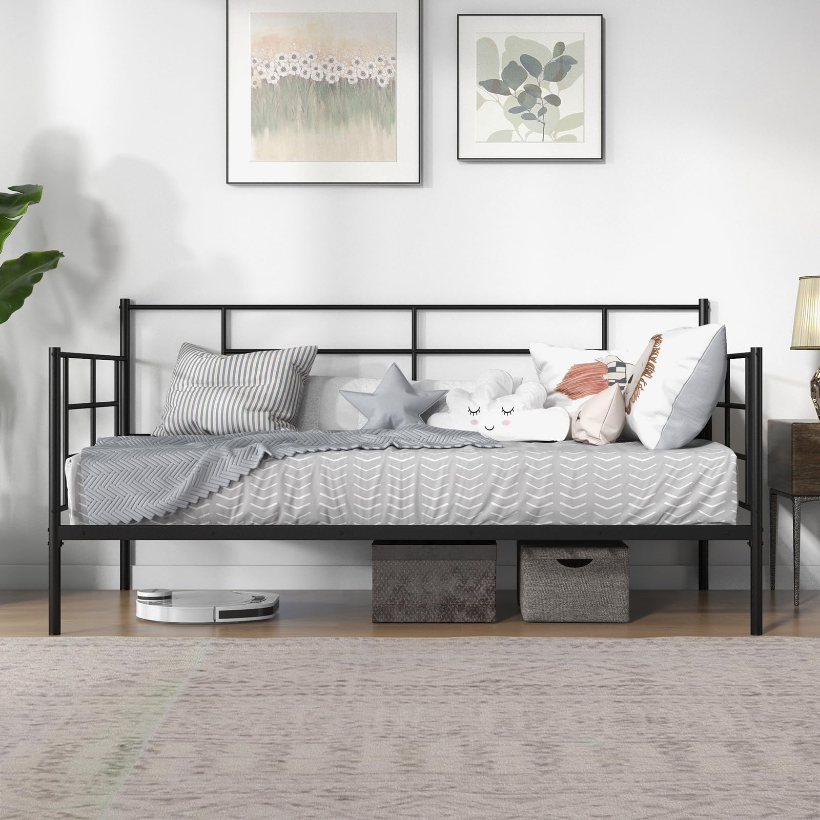Giantex Metal Twin Daybed Frame, High Back Day Bed with Heavy-Duty 16 Slats & 18 Inch Headboard, Multifunctional Twin Size Bed Frame for Living Room Guest Room, No Box Spring Need, Black