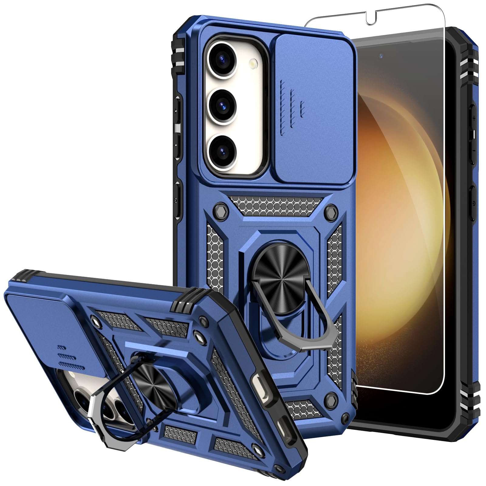 for Galaxy S23 Case,with Screen Protectors and Camera Cover,[Military Grade] 16ft.Drop Tested Cover with Magnetic Kickstand Protective Case for Samsung Galaxy S23 6.1 inch, Blue