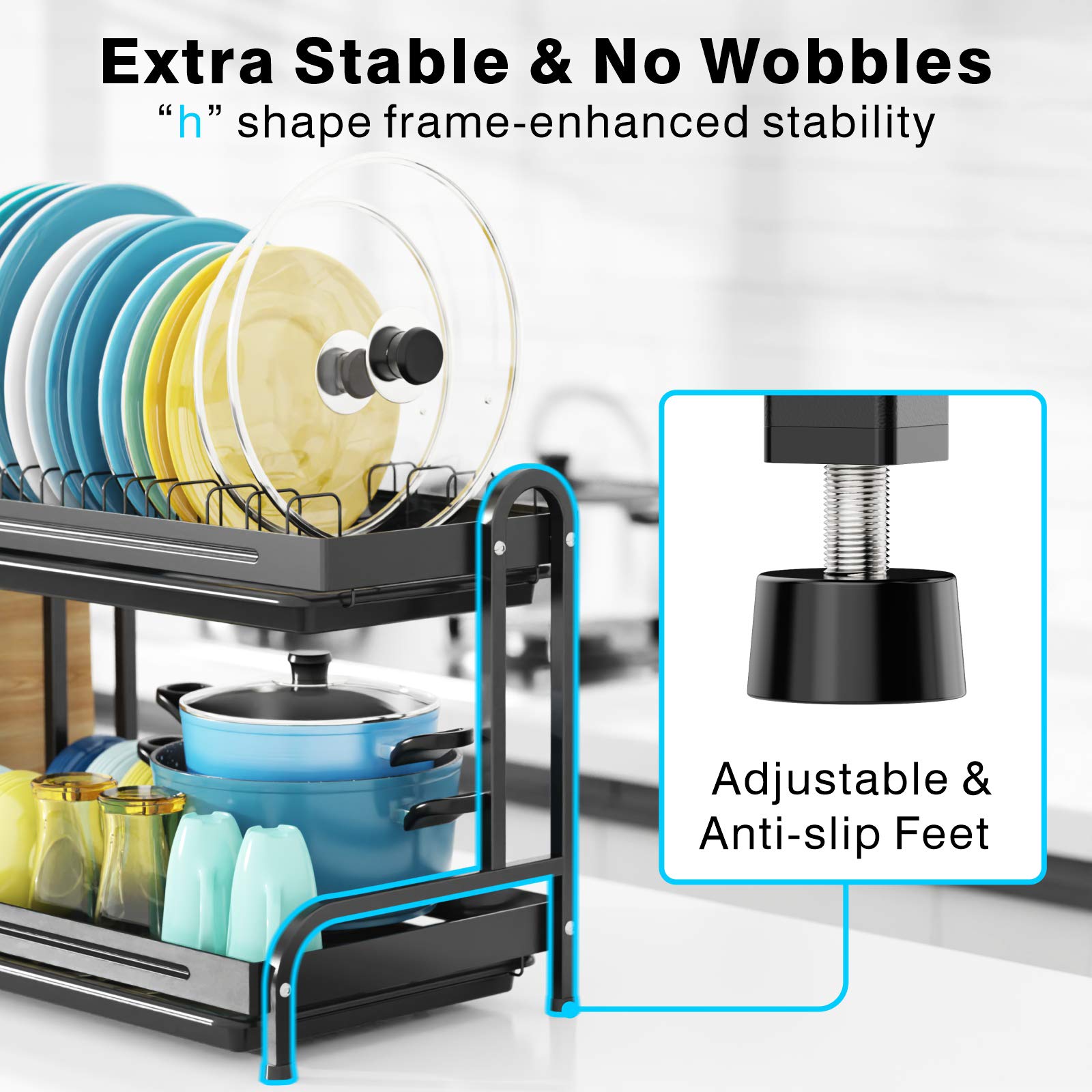 GSlife Dish Drying Rack, Metal 2 Tier Dish Rack Rust-Resistant Dish Drainer with Utensil Holder, Cutting Board Holder Set for Kitchen Counter, Black