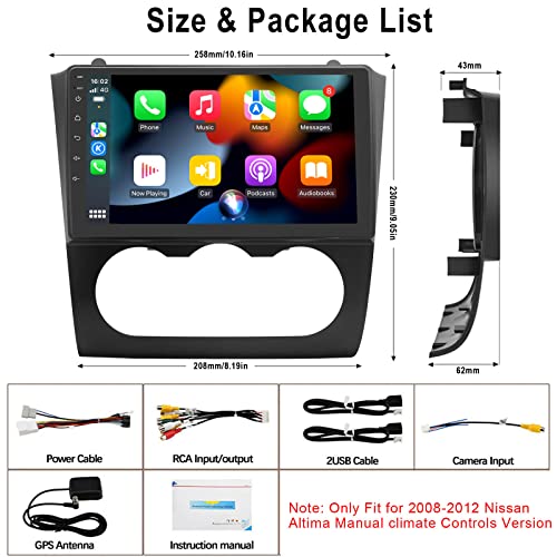 Wizanic Car Stereo for Nissan Teana Altima 2008-2012 Manual A/C Android 11 Car Radio, 9 Inch HD Touchscreen Apply Carplay with GPS Navigation Bluetooth Wi-Fi FM USB Mirror Link DSP 2023 New Upgraded
