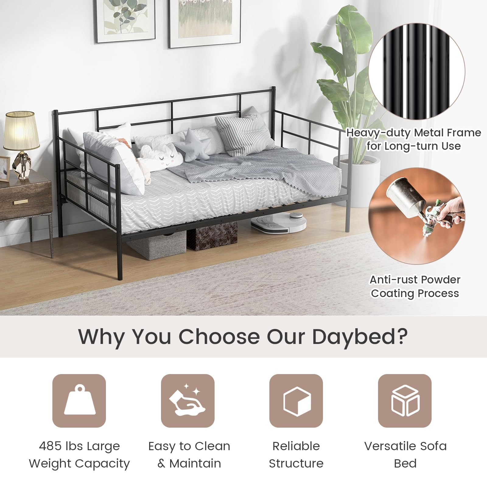 Giantex Metal Twin Daybed Frame, High Back Day Bed with Heavy-Duty 16 Slats & 18 Inch Headboard, Multifunctional Twin Size Bed Frame for Living Room Guest Room, No Box Spring Need, Black