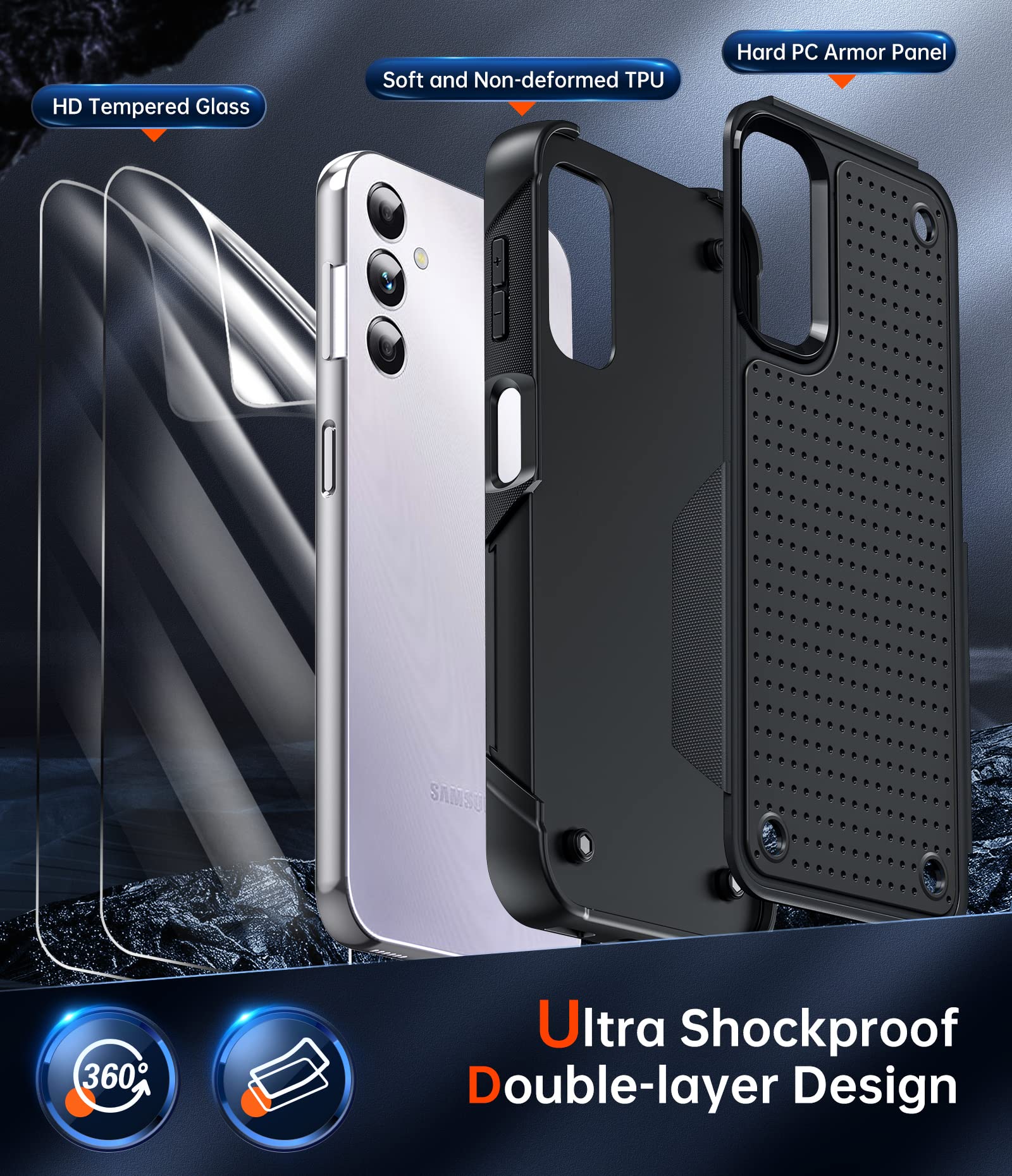 LeYi for Samsung Galaxy A14-5G Case: Samsung A14 Case with [2 Pack] Screen Protectors, Shockproof Dual Layer Protective Hard PC Textured Back & Soft Bumper Cell Case Cover for Galaxy A14 5G, Black