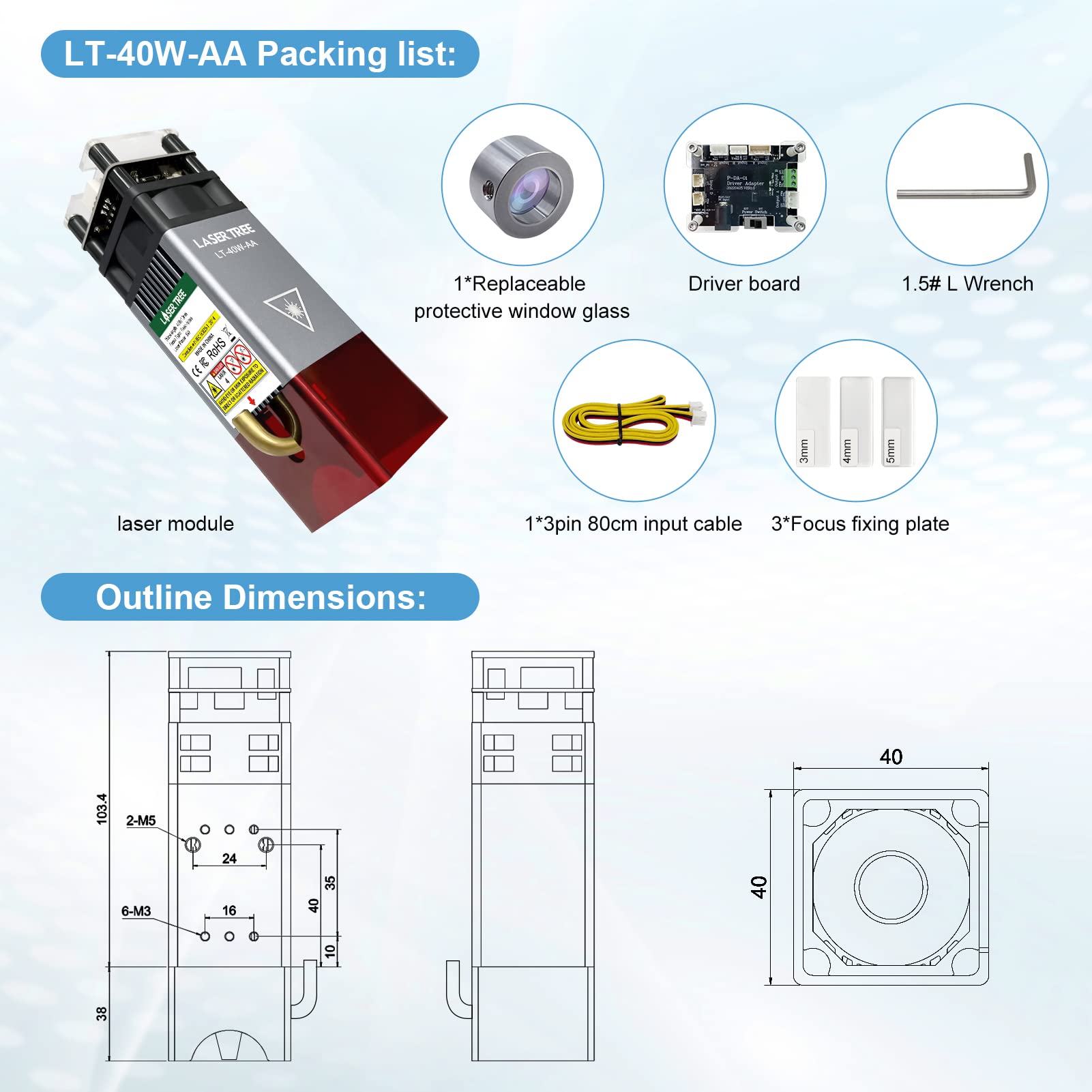 LASER TREE 40W Laser Module, 5W Optical Output Power Laser Cutter Module w/Metal Air Assist, Compatible with Laser Engraver Laser Cutter Machines CNC, 45mm Fixed Focus 12V