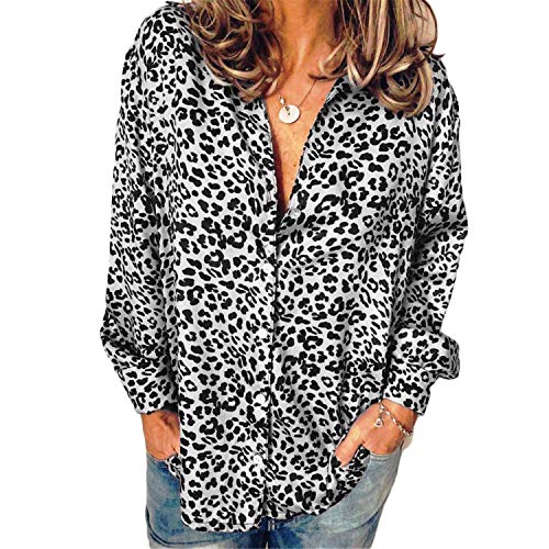 Andongnywell Women's Blouse Cheetah Print Loose Long Sleeve V-Neck Leopard Shirt Tops Blouse t Shirts (White,1,Small)