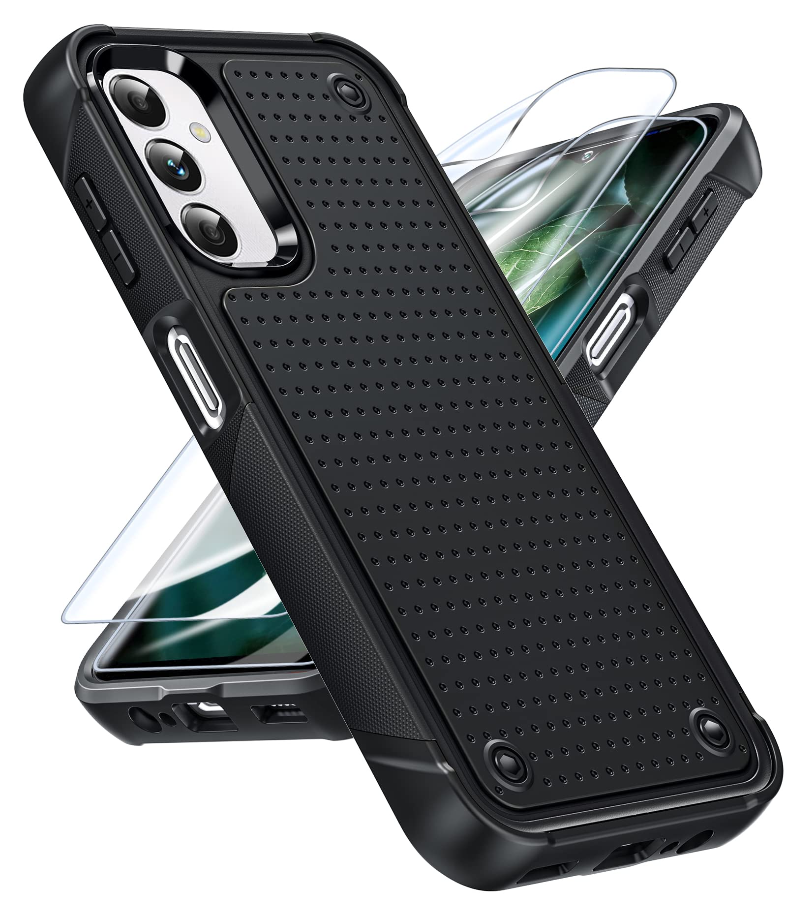 LeYi for Samsung Galaxy A14-5G Case: Samsung A14 Case with [2 Pack] Screen Protectors, Shockproof Dual Layer Protective Hard PC Textured Back & Soft Bumper Cell Case Cover for Galaxy A14 5G, Black