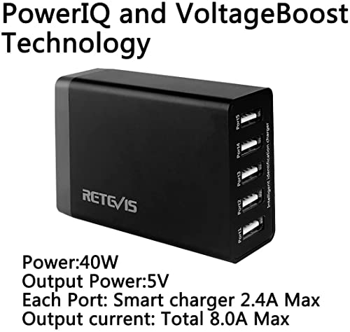Retevis 5-Port USB Wall Charger Radio Charging Station Compatible with RT68 RB28 RT19 RT22P NR10 RT18 RT22S H777 RB89 RT86 RT45P RB29 Baofeng Cobra HYT Walkie Talkies and iPhone (1 Pack)