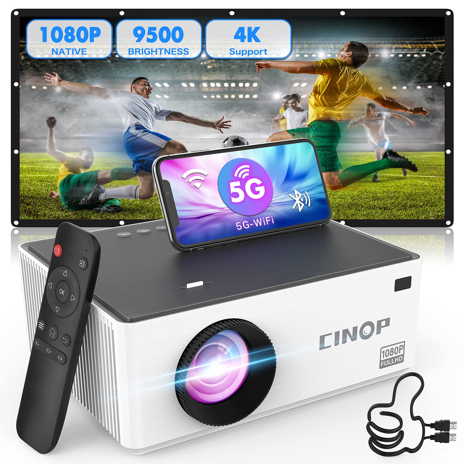 5G WiFi Bluetooth Mini Projector, Cinop 1080P Native 4K Supported Projector, 9500L, Portable Outdoor, Support 4P/4D Keystone Correction, TV Stick, DVD, HDMI,USB, Laptop, Phone Wireless Mirroing Screen
