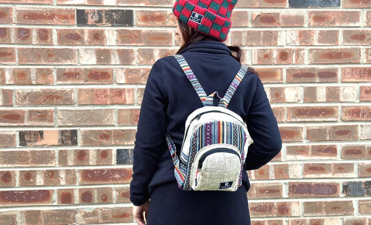 Z ZILLION CRAFT All natural mini Hemp back pack for men and women. 100 % Eco friendly vegan material from Hemp and Gheri. Multi color small size light back pack.