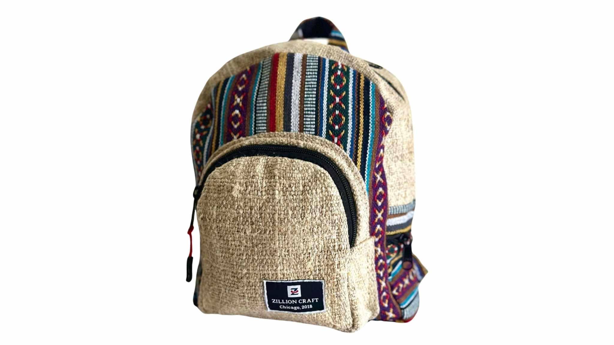 Z ZILLION CRAFT All natural mini Hemp back pack for men and women. 100 % Eco friendly vegan material from Hemp and Gheri. Multi color small size light back pack.