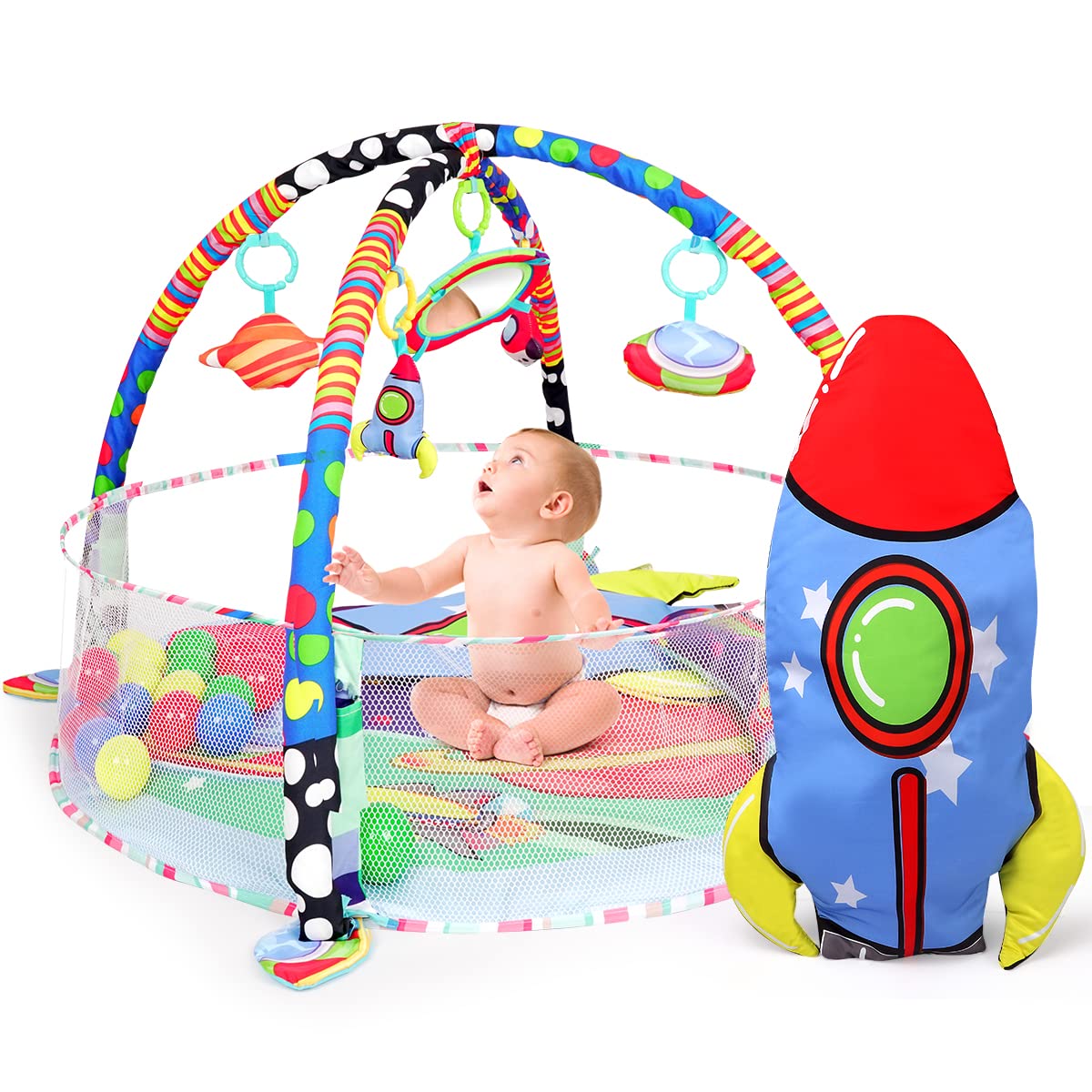 Siairo Jumbo Baby Activity Gym Folding Baby Play Gym Play Mat with Ball Pit & Hanging Mobiles, Surrounding Mesh for Newborn, Infant, Babies, Toddlers