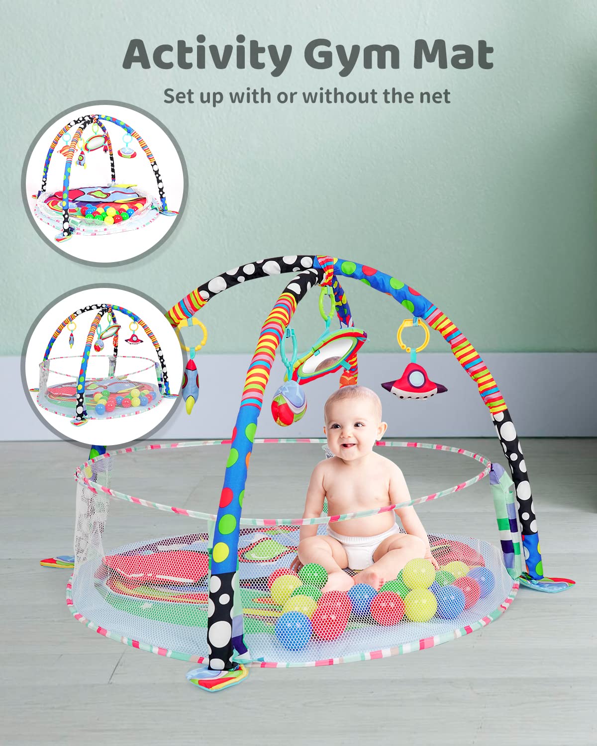 Siairo Jumbo Baby Activity Gym Folding Baby Play Gym Play Mat with Ball Pit & Hanging Mobiles, Surrounding Mesh for Newborn, Infant, Babies, Toddlers