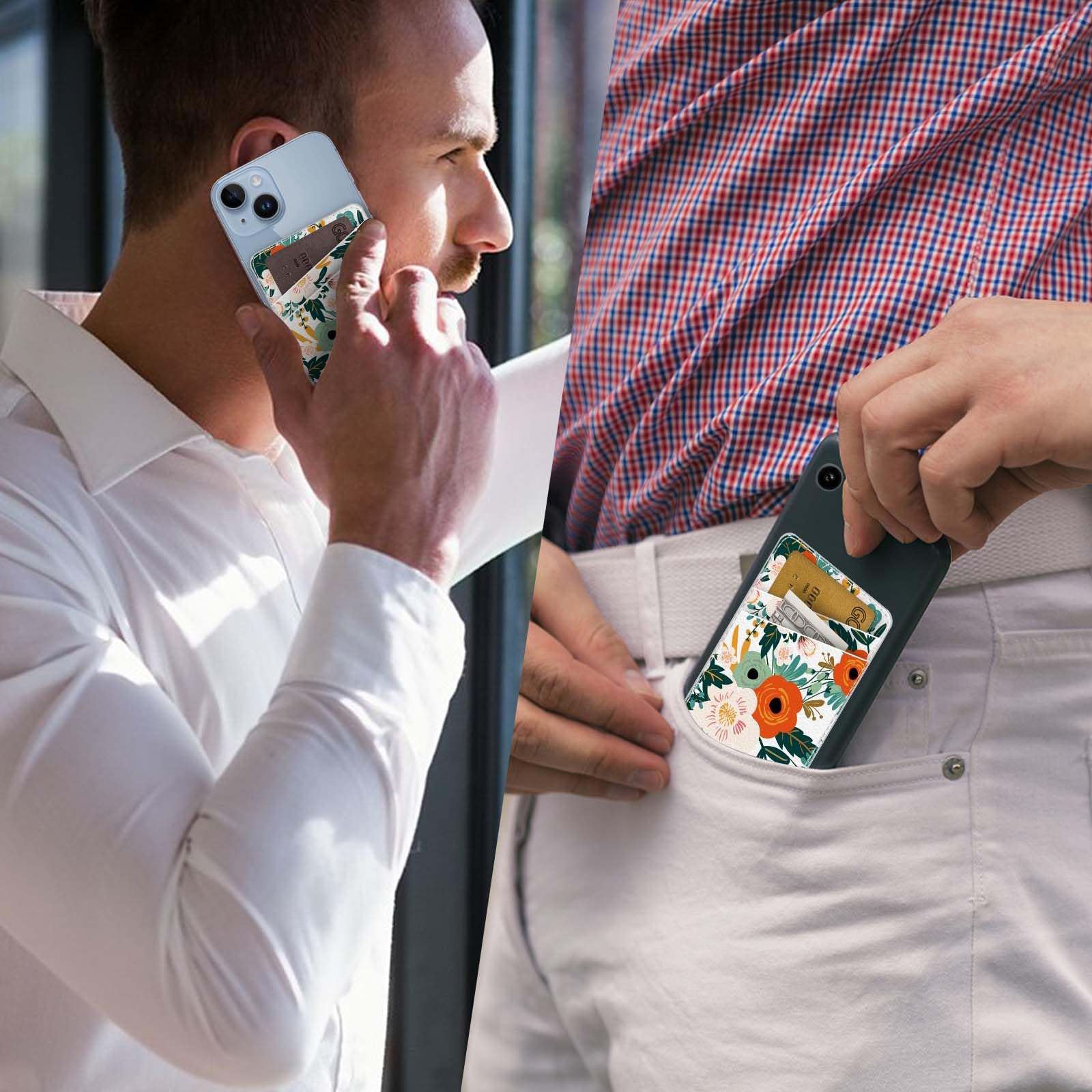 Leather Phone Card Holder Phone Wallet, Stick Back Phone Wallet Sticker Stylish Phone Case Credit Card Holder, Suitable for iPhone, Samsung, Android and Most Smart Phones.Green Leaf Flower