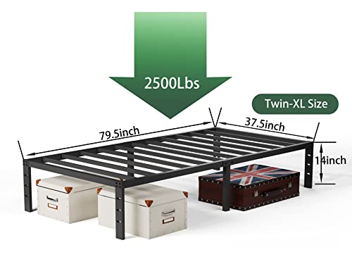 Tooyyer Metal Twin XL Bed Frame 14" High 3000 lbs Heavy Duty Extra Long Metal Bed Platform No Box Spring Needed Easy to Assemble Non-Slip Noise Free Black-Twin XL