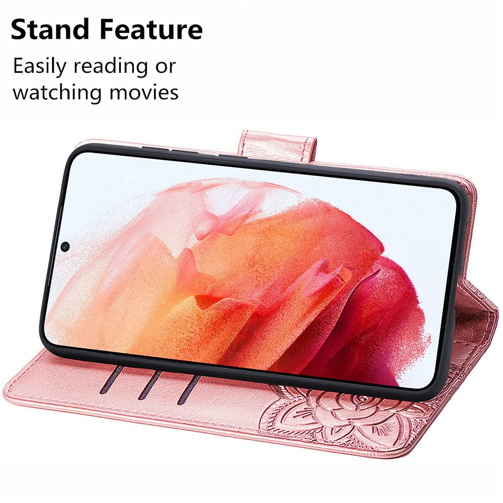 ROPIGO for Samsung Galaxy S21 FE 5G Wallet Case, Embossed Butterfly Premium PU Leather [Kickstand] [Card Slots] [Wrist Strap] [6.4 inch] Phone Cover for Samsung S21 FE (A1-Rose)