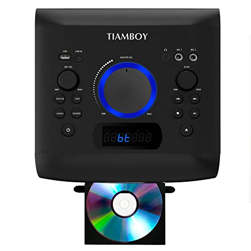 Home Stereo System CD/DVD Player, Bluetooth Party Speaker with Karaoke MIC Ports x 2, Floorstanding Soundsystem with LED Lightshow, Bass/Echo Adjustable