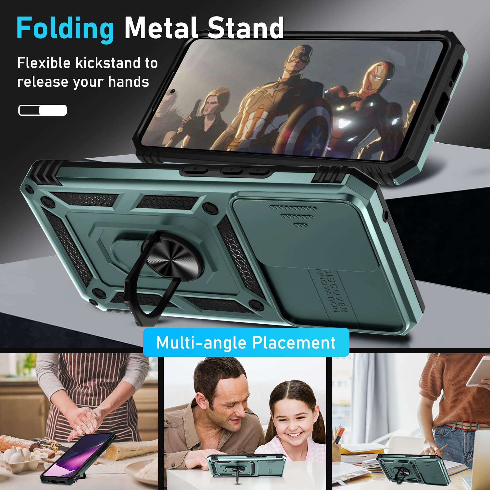 Janmitta Compatible with Galaxy A54 5G Case Built in Slide Camera Lens Cover and Screen Protector,Heavy Duty Shockproof Phone Cover,Built in Ring Stable Holder Kickstand,2023 Dark Green