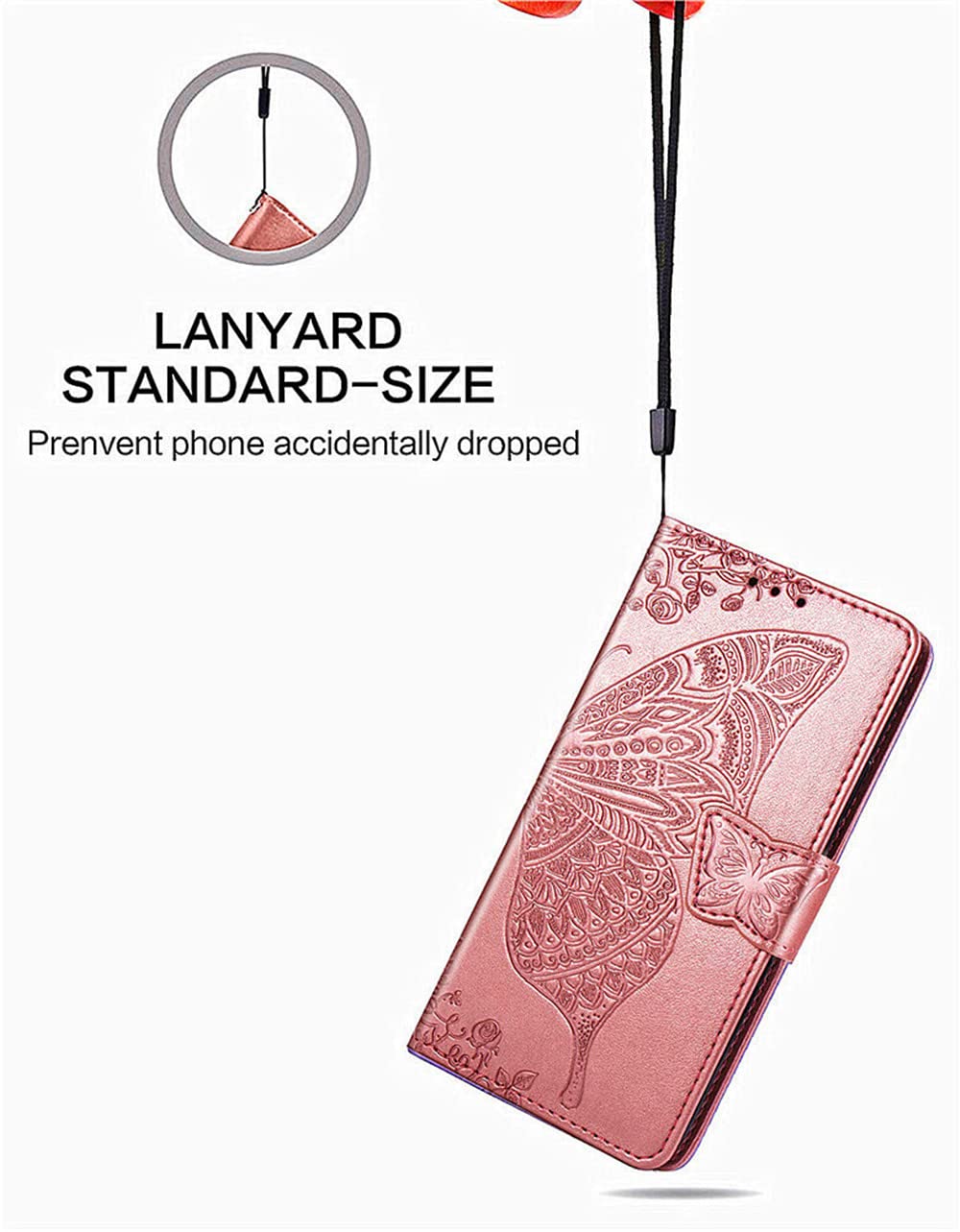 ROPIGO for Samsung Galaxy S21 FE 5G Wallet Case, Embossed Butterfly Premium PU Leather [Kickstand] [Card Slots] [Wrist Strap] [6.4 inch] Phone Cover for Samsung S21 FE (A1-Rose)