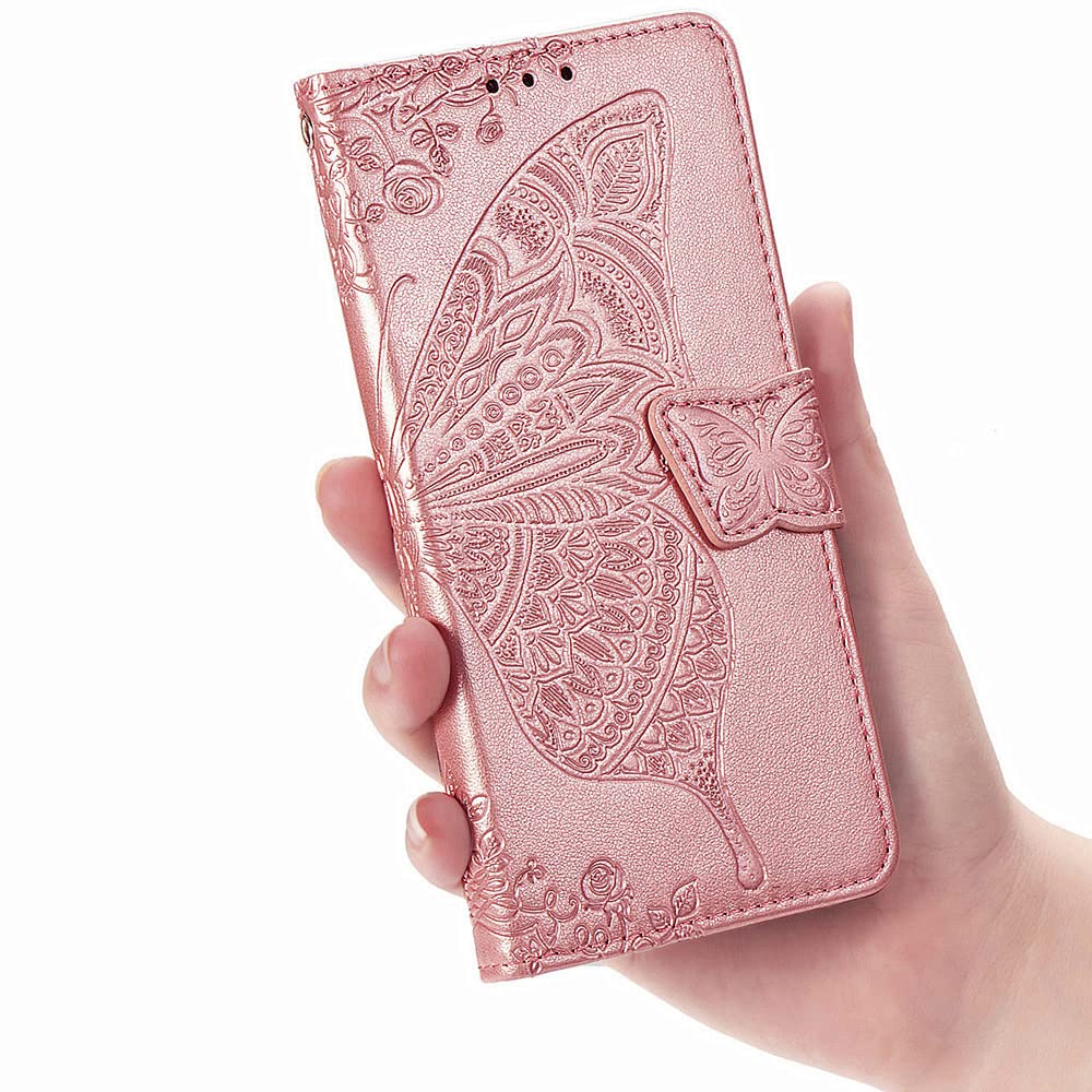 ROPIGO for Samsung Galaxy S21 FE 5G Wallet Case, Embossed Butterfly Premium PU Leather [Kickstand] [Card Slots] [Wrist Strap] [6.4 inch] Phone Cover for Samsung S21 FE (A1-Rose)