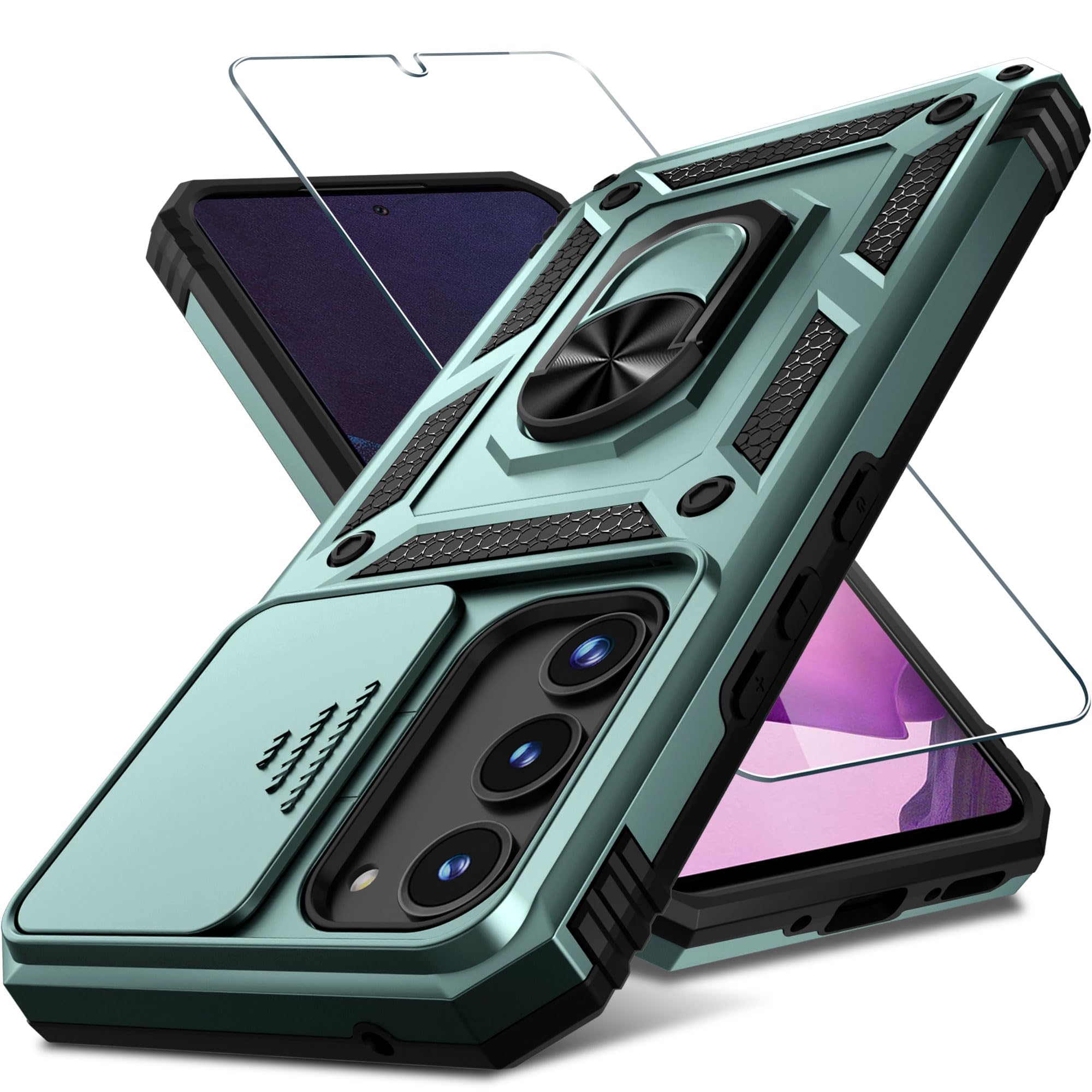 Janmitta Compatible with Galaxy A54 5G Case Built in Slide Camera Lens Cover and Screen Protector,Heavy Duty Shockproof Phone Cover,Built in Ring Stable Holder Kickstand,2023 Dark Green