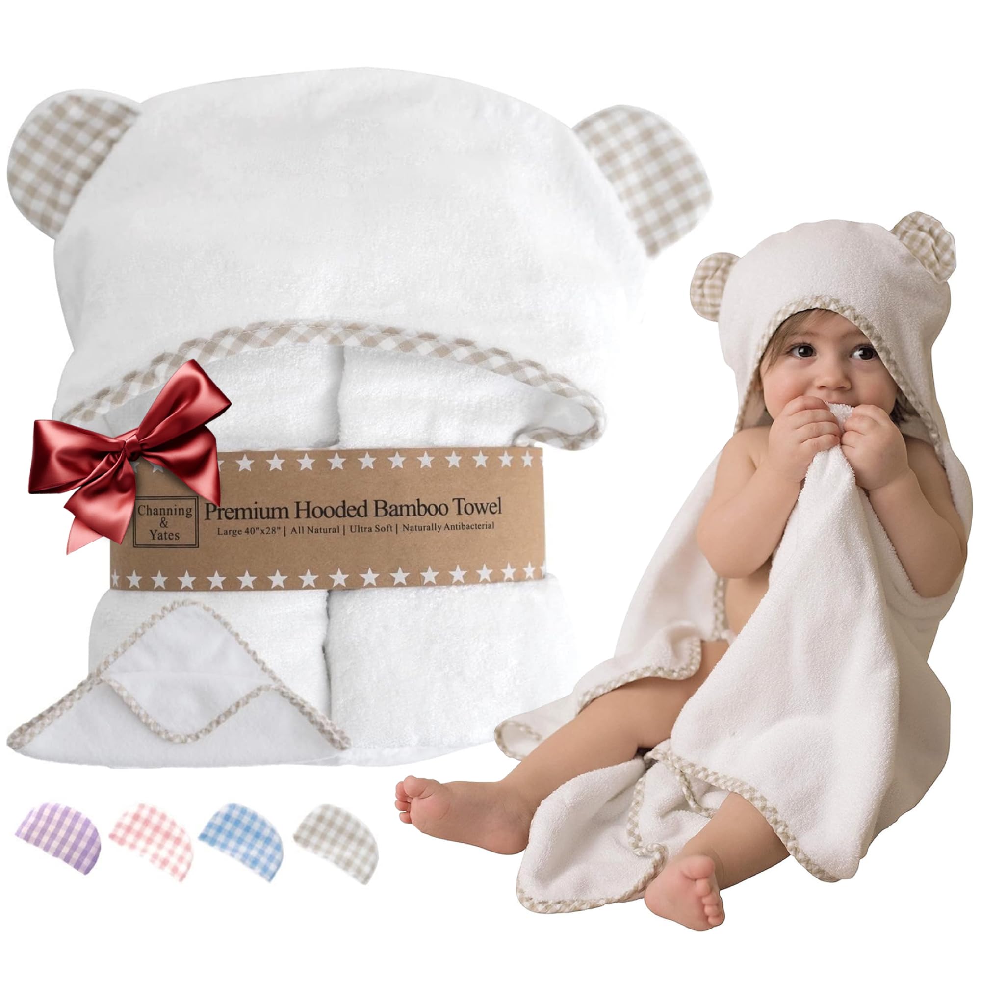 Channing & Yates Premium Organic Baby Bath Towel and Washcloth Set - Soft Baby Towels and Washcloths are Baby Bath Essentials - Baby Hooded Towel - Girl/Boy Baby Bath Towels (Beige/White)