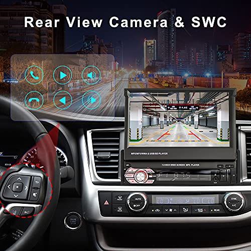 UNITOPSCI Single Din Car Stereo Car Radio with 7" Auto Retractable HD Touch Screen Car MP5 Player with Bluetooth FM Radio Mirror Link Head Unit Support TF USB AUX in Remote Control Backup Camera SWC