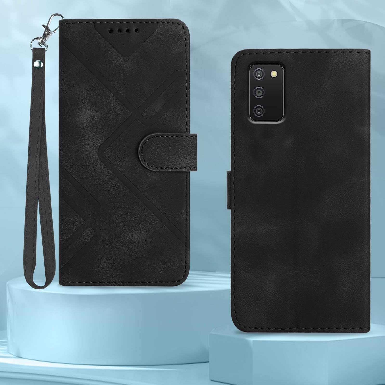 JHWVVTF for Samsung Galaxy A03s (US Version) Phone Case Wallet, Card Holder Leather Kick-Stand, Wrist Strap, Magnetic Closure, Shockproof Protective Pattern Flip Cover (Black)