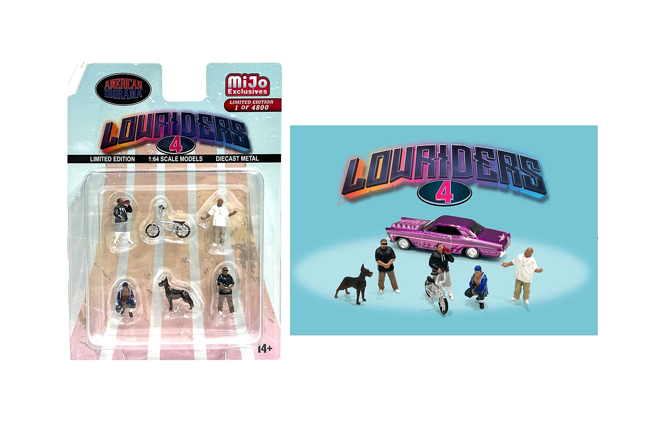 Lowriders 4" - American Diorama 1:64 Metal Figures Set AD-76506 (4 Figures+1 Bike+1 Dog)