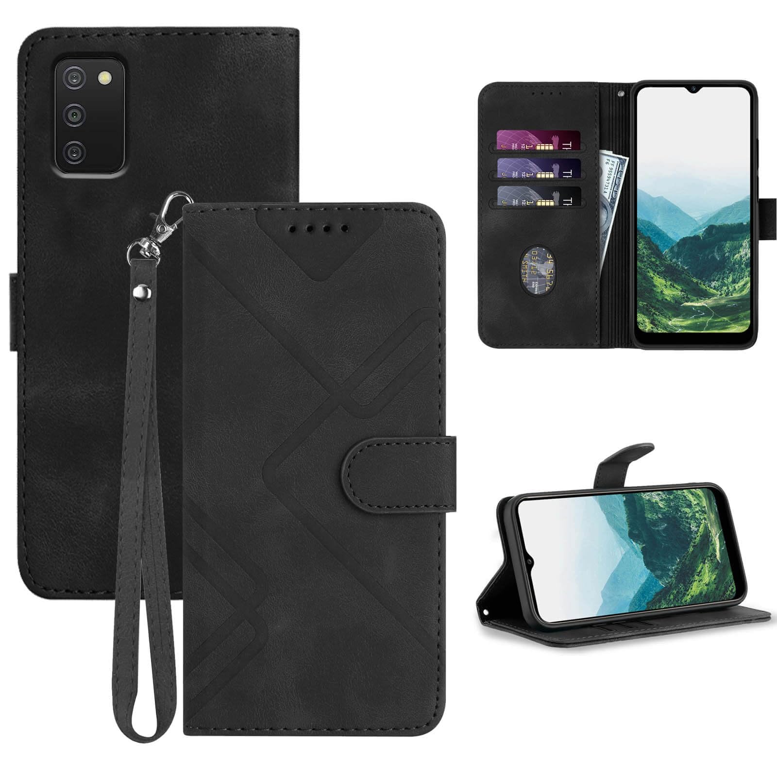 JHWVVTF for Samsung Galaxy A03s (US Version) Phone Case Wallet, Card Holder Leather Kick-Stand, Wrist Strap, Magnetic Closure, Shockproof Protective Pattern Flip Cover (Black)