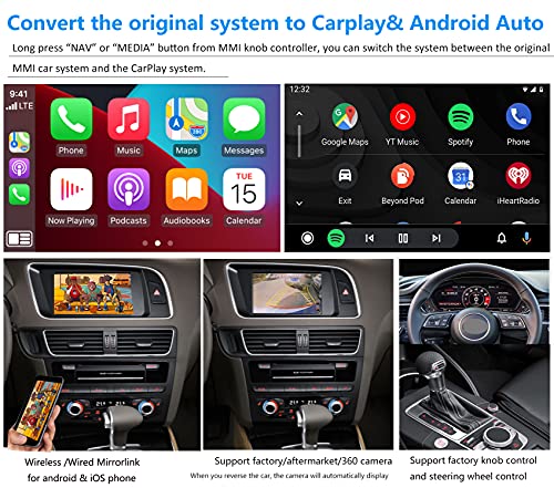 Road Top Wireless Carplay Android Auto Retrofit Kit for Audi A4 A5 S4 S5 RS4 RS5 Q5 2008-2015 with 3GMMI Factory Screen Update, Support Mirrorlink, Siri, Original Control, Camera