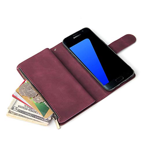 CHICASE Wallet Case for Galaxy S7 Edge,Samsung Galaxy S7 Edge Case,Leather Handbag Zipper Pocket Card Holder Slots Wrist Strap Flip Protective Phone Cover for Samsung Galaxy S7 Edge(Wine Red)