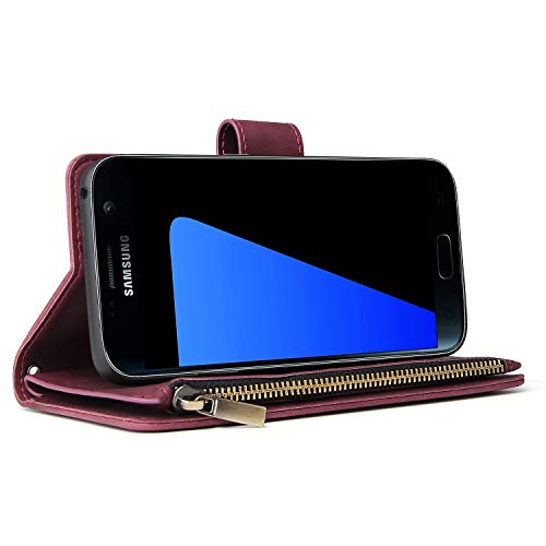 CHICASE Wallet Case for Galaxy S7 Edge,Samsung Galaxy S7 Edge Case,Leather Handbag Zipper Pocket Card Holder Slots Wrist Strap Flip Protective Phone Cover for Samsung Galaxy S7 Edge(Wine Red)