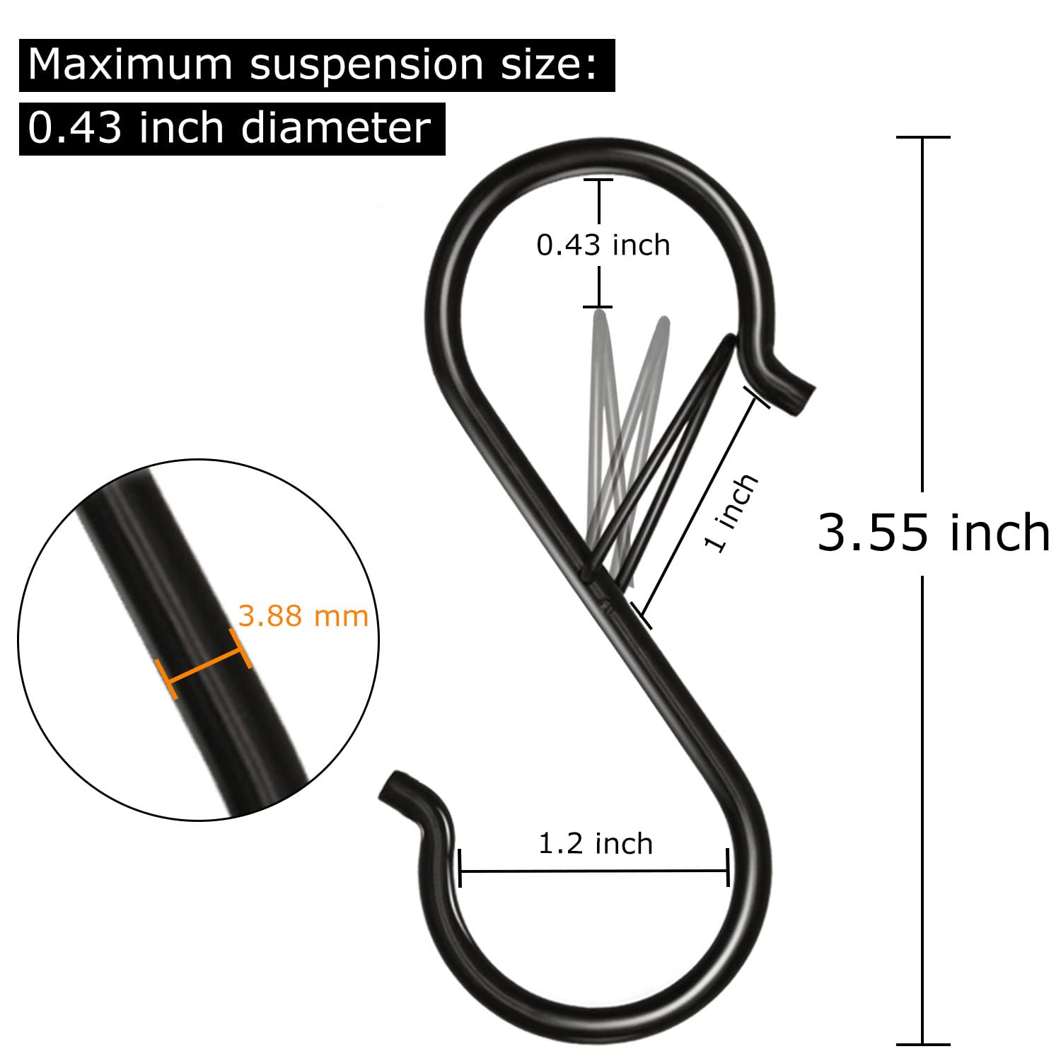 8 Pack S Hooks for Hanging, 3.5 inch Heavy Duty S Hooks with Safety Buckle S Shaped Hooks Kitchen Pot Rack Hooks Closet Hooks for Hanging Plants, Clothes, Kitchen Utensil, Pots and Pans, Bags (Black)