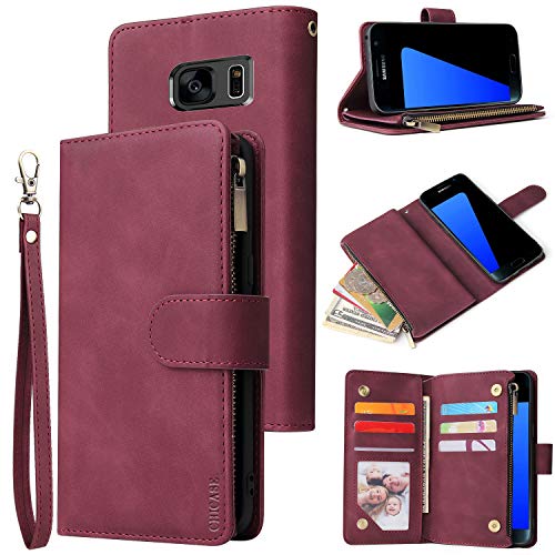 CHICASE Wallet Case for Galaxy S7 Edge,Samsung Galaxy S7 Edge Case,Leather Handbag Zipper Pocket Card Holder Slots Wrist Strap Flip Protective Phone Cover for Samsung Galaxy S7 Edge(Wine Red)