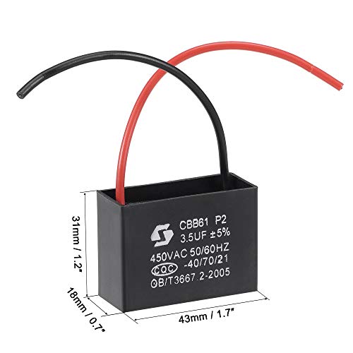 uxcell Ceiling Fan Capacitor CBB61 3.5uF 450V AC 2 Wires Metallized Polypropylene Film Capacitor 43x31x18mm for Electric Fan Pump Motor Generator 2Pcs