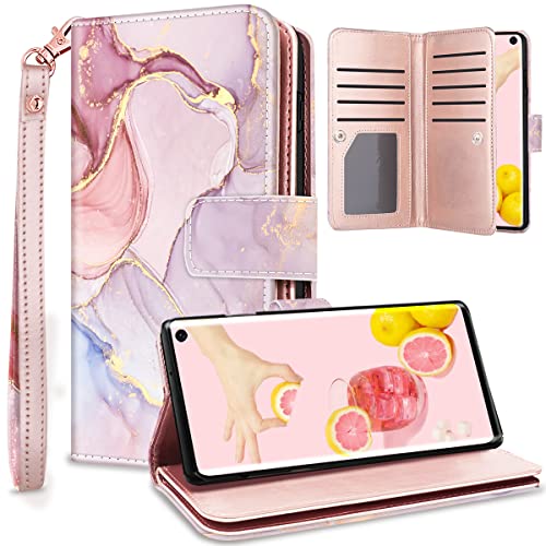 Fingic for Galaxy S10e Case, Samsung S10e Case Wallet, Rose Gold Marble 9 Card Holder PU Leather Detachable Wrist Strap Wallet Case for Women Cover for Samsung Galaxy S10E, Rose Gold