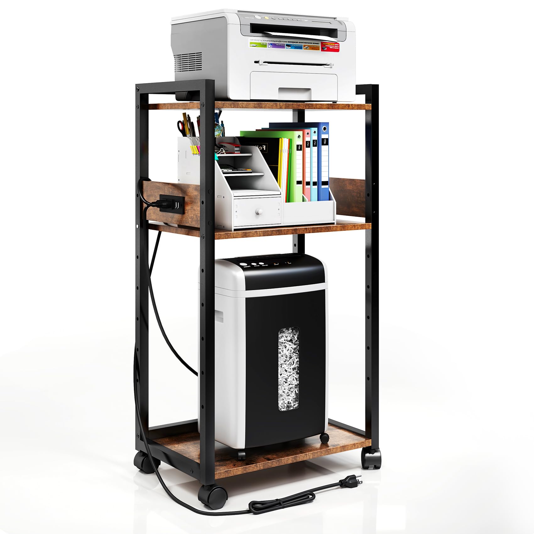 TC-HOMENY 3-Tier Movable Printer Stand with Storage Rolling Floor-Standing Deskside Shredder Computer Host Stand Adjustable Storage Shelf Rack on Wheels Multipurpose Stand for Printer